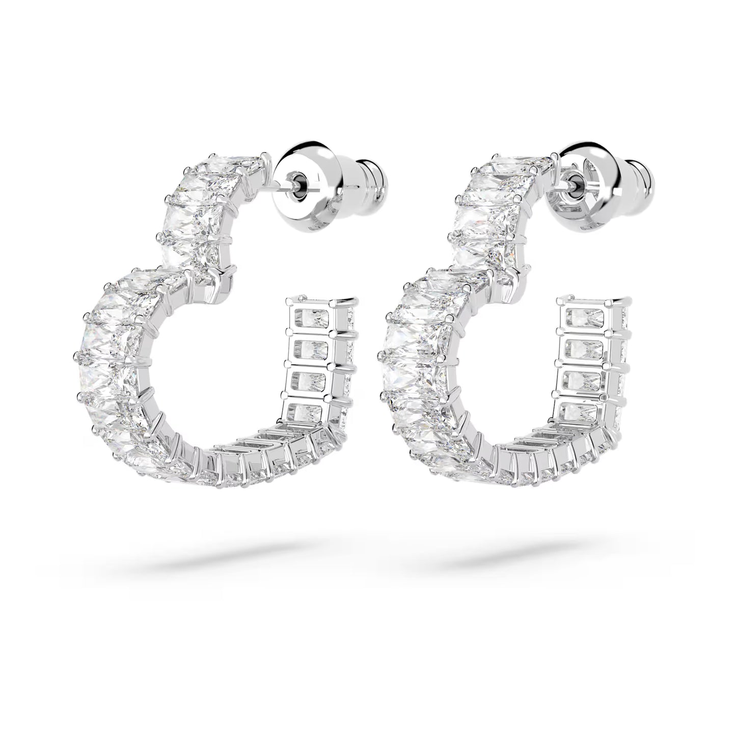 Matrix hoop earrings, Baguette cut, Heart, Small, White, Rhodium plate ...